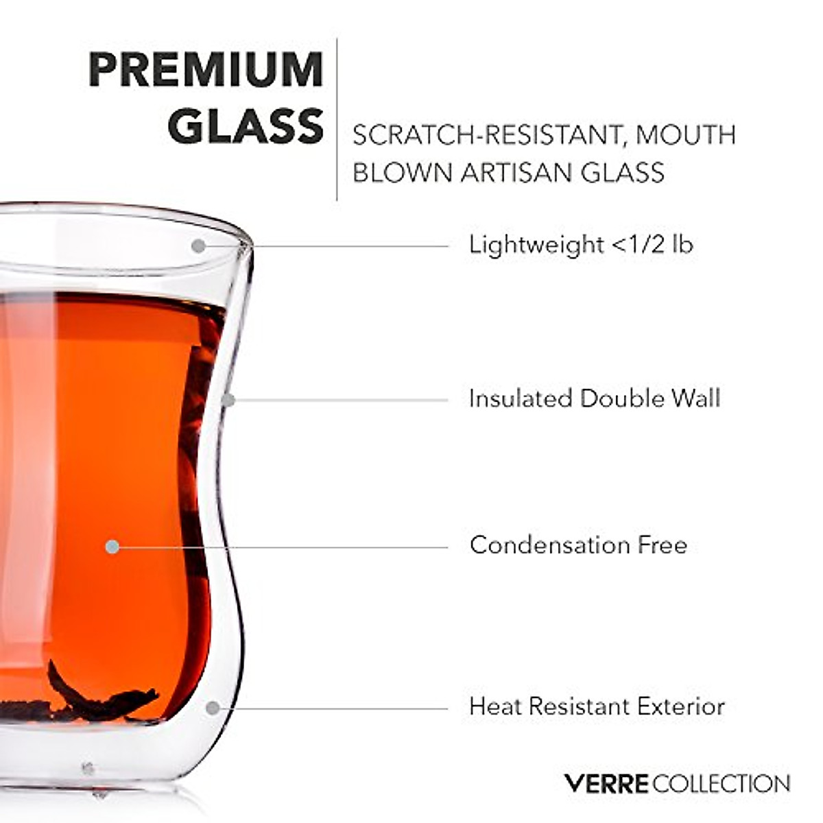 Verre Collection Turkish Tea Cups Double Wall Glass, 4.25 oz, Set of 2 - Insulated Heat Resistant & Lightweight Glass Tea Set (2-Pack)