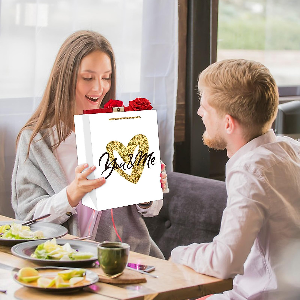 SICOHOME Large Anniversary Paper Gift Bag with Tissue Paper 13" You and Me Valentine's Day Gift Bag with Tissue Paper and Greeting Card for Husband Wife Boyfriend Girlfriend Newlyweds