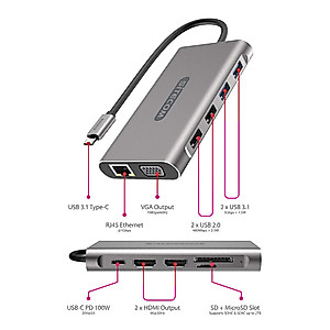 Sitecom CN-390 USB-C Multiport Pro Adapter | USB-C to 2X USB 3.1 + 2X USB 2.0 + 2X HDMI + 1x VGA + 1x Gigabit LAN + 1x SD/Micro-SD Card Reader