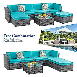 Walsunny 7pcs Patio Outdoor Furniture Sets,Low Back All-Weather Silver Gray Rattan Sectional Sofa with Tea Table&Washable Couch Cushions&Ottoman,Blue