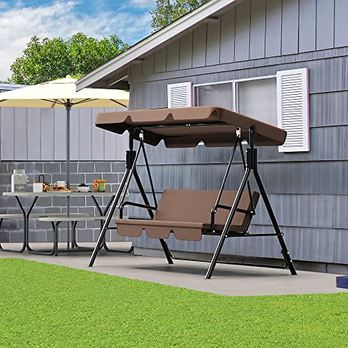 YITAHOME 3-Seat Porch Swing Outdoor Heavy Duty Patio Swing Chair with Stand Adjustable Canopy Soft Cushion for Garden, Patio, Lawn, Balcony and Deck, Brown