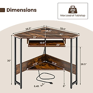IFANNY Corner Computer Desk with Keyboard Tray, Wooden Triangle Desk w/Power Outlet & Storage Shelves, Rustic Corner Writing Desk, Small Corner Desks for Small Spaces