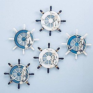 Hooshing Boat Steering Wheel Decor Wooden Mediterranean Style Crafts Rudder Wall Decoration Fishing Net for Wall Door Home Office White