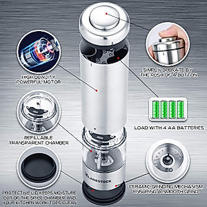 Electric Salt and pepper grinder by Lanestock - Combo set of battery operated stainless steel spice grinders with stand - LED light and adjustable knob on each mill - Powerful motor - long life-span