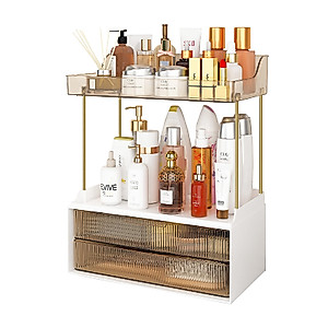 Webetop Bathroom Counter Organizer, Large Makeup Organizer Countertop, Multi-Purpose Vanity Organizer Countertop with 2 Drawers for Storage, Cosmetics, Perfume, Toiletry (Amber)