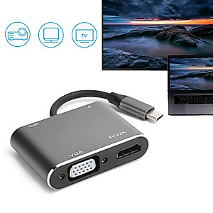 USB C Hub, 4 in 1 C to C VGA USB HDMI Hub Adapter, 4kx2k 30Hz/60Hz Portable Docking Station with C/VGA/USB/HDMI Port，Multiport Splitter for Charging Smartphones/ Keyboard/ Mouse/ USB Memory Stick