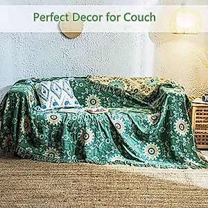 Skrmisda Bohemian Throw Blanket, Boho Blankets 90x98 Inch King Cotton Reversible Ultra Soft Light Quilt Comfy Cozy Bedding Coverlet Sofa Throw(Green+Beige)