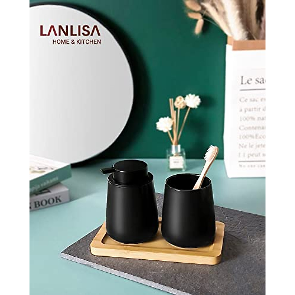 Black Soap Dispenser and Toothbrush Holder Set of 2, 12oz Ceramic Hand Soap Dispenser and Toothbrush Cup Holders for Farmhouse Bathroom Decor with Wooden Tray