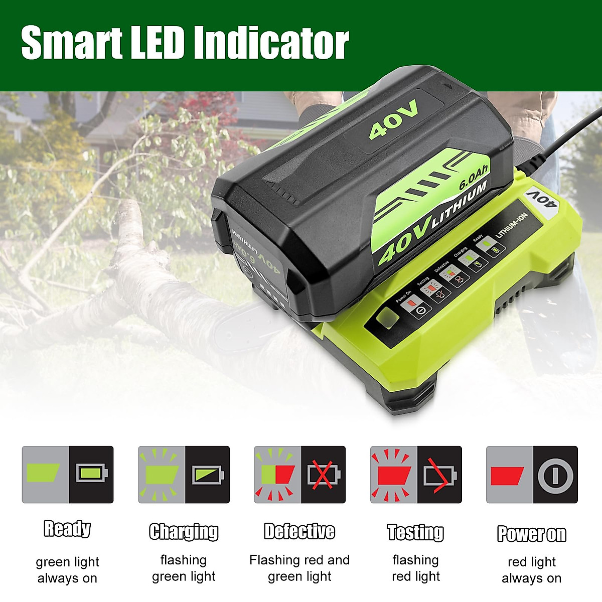 2 Pack 6000mAh 40 Volt Lithium ion OP40602 Battery Replacement for Ryobi 40V Battery and Charger kit Compatible with Ryobi 40 Volt Battery OP4026 OP40601 OP4050 and OP401 40V Battery Charger (Green)