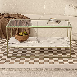 Tilly Lin 35" Elegant 2 Tier Glass Top Coffee Table with White Faux Marble and Gold Metal Legs, Rectangular Cocktail Table with Storage for Living Room