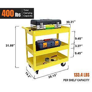HPDMC 30in Large Steel Service Cart - Utility Carts with Wheels - 3 Shelf - Metal - 400 lbs Capacity - Shop Rolling Tool Carts - Yellow