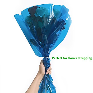 200 ft Blue Cellophane Wrap Roll (16 in x 200 ft x 2.5 Mil)-Colored Cellophane Wrap-Blue Transparent Cellophane for Basket Wrap, Flower, Easter Basket Wrap, Christmas Gift Wrap-Attached with 2 Rolls Ribbon.