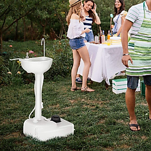 S AFSTAR Portable Camping Sink, Hand Wash Basin Stand w/ 17L Water Tank & Soap Dispenser, Rolling Hand Washing Station w/Towel Holder & Foot Pump, for Garden, Outdoor Sink Hand Wash Station