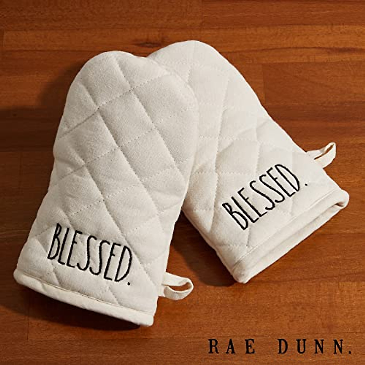 Rae Dunn Mini Oven Mitts Heat Resistant, Quilted Cooking Gloves for Cooking, Grilling, Baking, Kitchen Décor, Home Essentials, Blessed, Cream