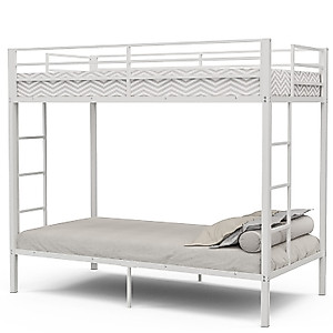 IKIFLY Metal Twin Over Twin Bunk Bed, Heavy Duty Twin Bunk Bed Frame with 2 Built-in Ladders, Safety Guard Rail, Space-Saving Design, for Kids, Teens, Adults - No Box Spring Needed - White