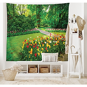 Ambesonne Garden Tapestry, Garden with Tulip Flowers and Trees Springtime in Keukenhof Netherlands Europe, Wide Wall Hanging for Bedroom Living Room Dorm, 60" X 40", Green Red