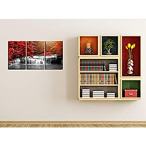 Visual Art Decor 3 Pieces Black White and Red Canvas Wall Art Red Forest Waterfall Poster Print Landscape Picture Framed Artwork for Office and Home Decor Ready to Hang 12x16inchx3pcs