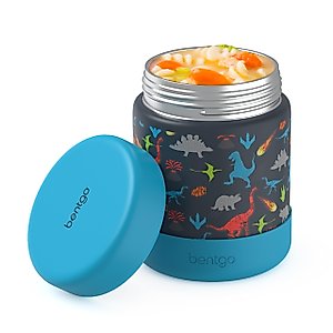 Bentgo Kids Stainless Steel Food Jar - 11oz Leak-Proof Double Insulated Hot or Cold Food Container with Removable Silicone Bumper, Dishwasher Safe, Easy Open Lid, Ages 3+ (Dinosaur)