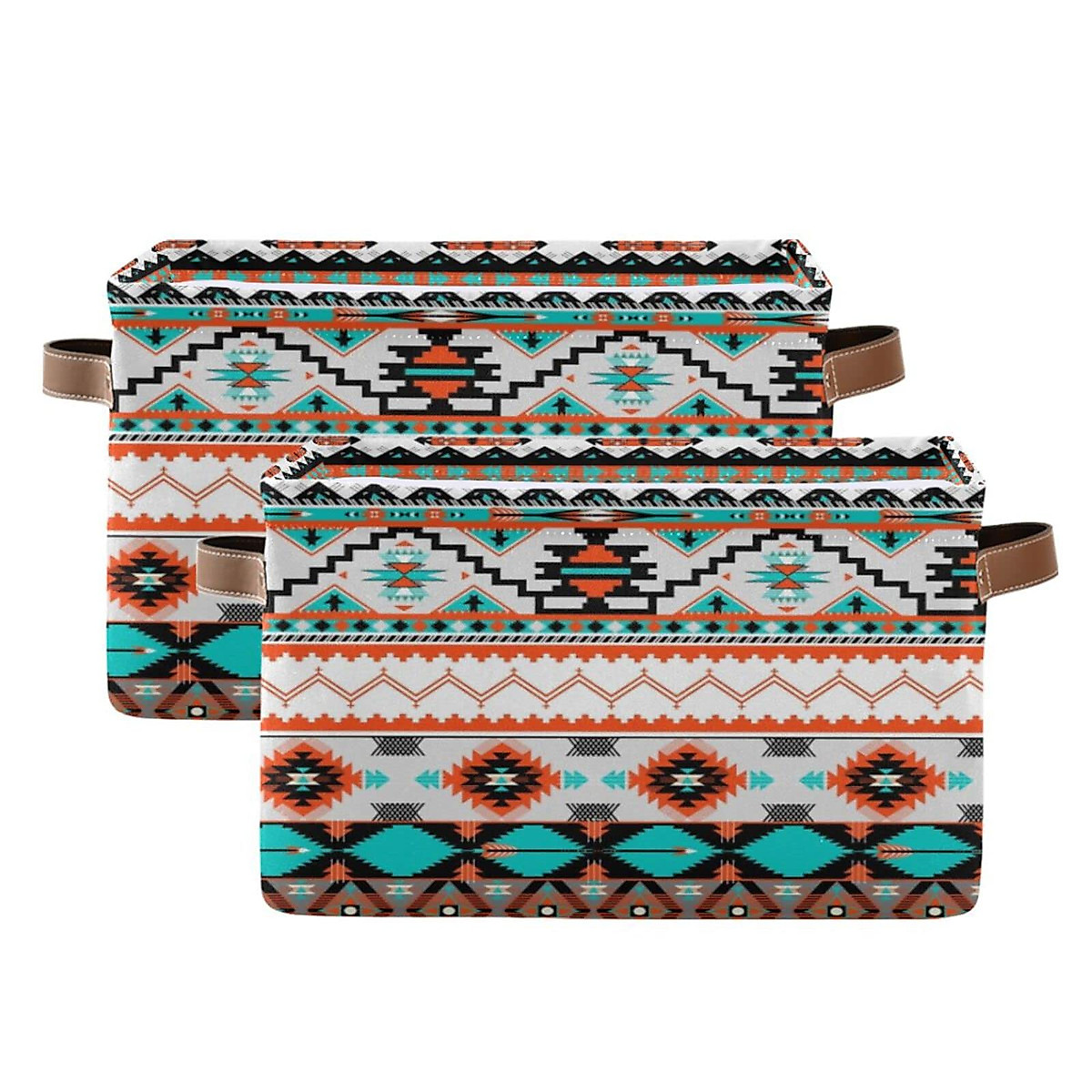 Ethnic Aztec Print Storage Basket Native American Storage Bin Collapsible Retro Tribal Navajo Large Storage Baskets with Leather Handles Storage Cube Box Organizer for Closet Toys Clothes Basket,1PC