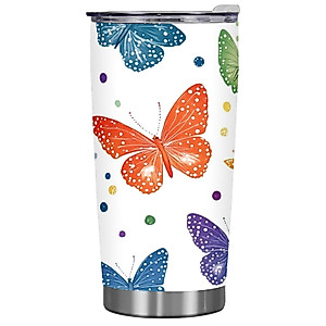 QWEUIOP 20oz Insulated Travel Coffee Mug Retro Butterfly Pattern Stainless Steel Tumbler with Lid Double Wall Vacuum Coffee Cup For Hot and Cold Drinks14029