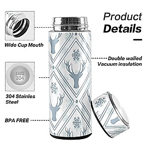 CaTaKu Reindeer Head Snowflake Water Bottle Insulated 16 oz Stainless Steel Flask Thermos Bottle for Coffee Water Drink Reusable Wide Mouth Vacuum Travel Mug