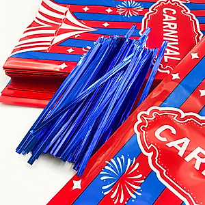 Jayomoli Carnival Circus Holiday Plastic Bags, 100pcs Cellophane Treat Bags Popcorn Bag, Candy Cookie Wrapping with Twist Ties for Party Favors Supply