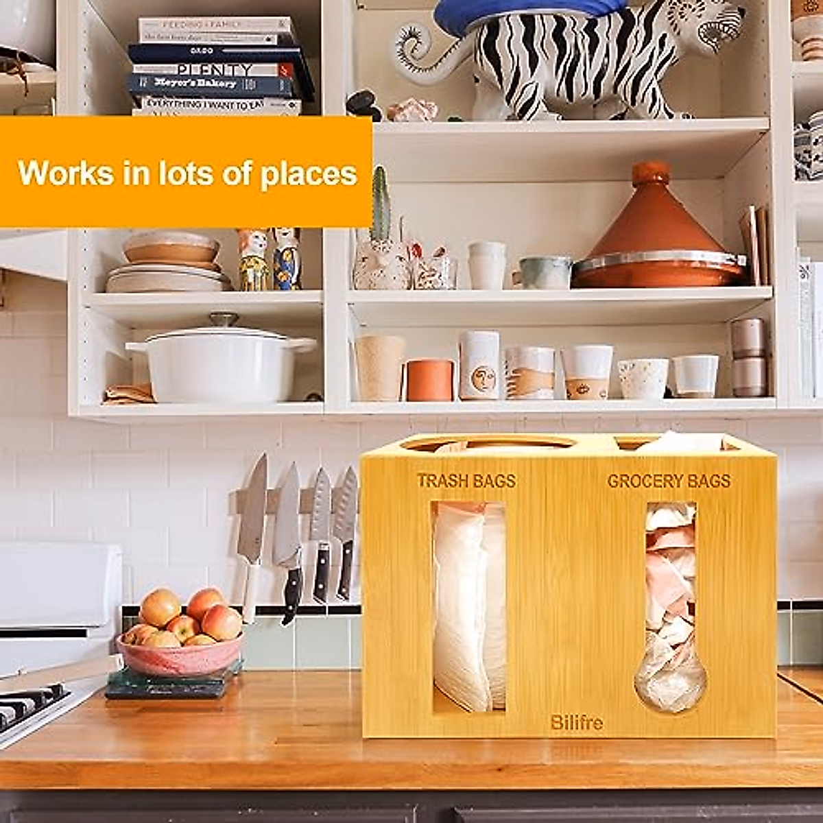 Bilifre 2-in-1 Extra Large Trash Bag and Grocery Bag Storage Dispenser, Fit Large Garbage Bag Roll, Kitchen Wall Mount Bamboo Plastic Bag Saver (Extra Large)