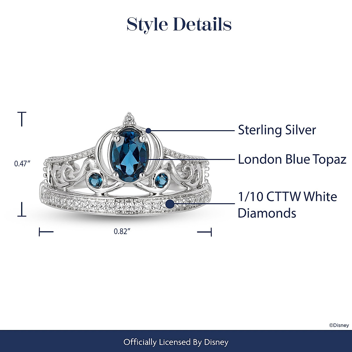 Jewelili Enchanted Disney Fine Jewelry Sterling Silver 6x4 MM London Blue Topaz with 1/10 Cttw Diamonds Cinderella Carriage Tiara Ring, Size 7