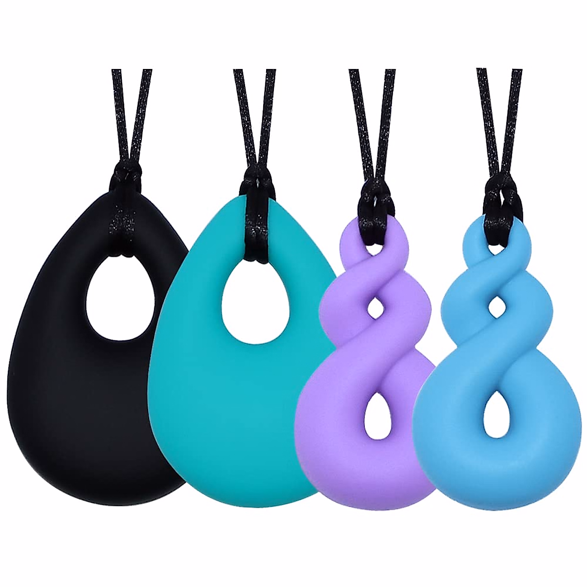 Chew Necklace for Boys and Girls, Silicone Chew Toys for Kids Teardrop Twist Pendants, Chewy Necklace Sensory for Autism or Oral Motor Special Needs BPA Free - 4 PCS Set