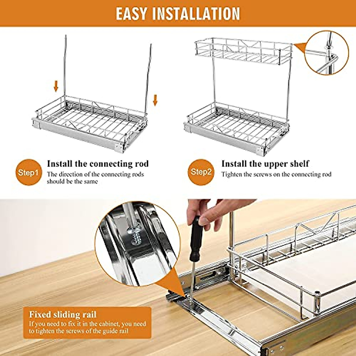 TQVAI Pull Out Cabinet Drawer Organizer, 2 Tier Kitchen Cabinet Roll Out Storage Shelves, Slide Wire Shelf Basket - Request at Least 12 inch Cabinet Opening, Half Top
