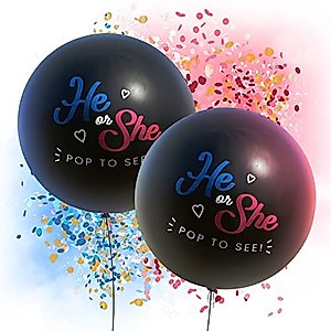 Gender Reveal Balloon 36" – Two Sets of Designed, Sphere Balloons with 2 Packs Pink and Blue Confetti for Boy or Girl Baby Reveal (Pink & Blue)