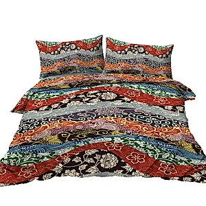 BlessLiving Japanese Colorful Duvet Cover Set Abstract Asian Floral Waves Bedding 3 Piece Swirling Vintage Traditional Patchwork Bedding Sets Ethnic Print Bedspreads (Full)