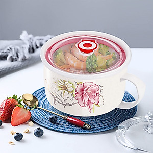 Frcctre 2 Pack Microwavable Ceramic Noodle Bowl Set with Lid and Handle, 27 Oz Ceramic Soup Bowl Set for Instant Noodle, Ramen, Soup, Cereals, Oat, Fruits, Snacks, Rose Pattern