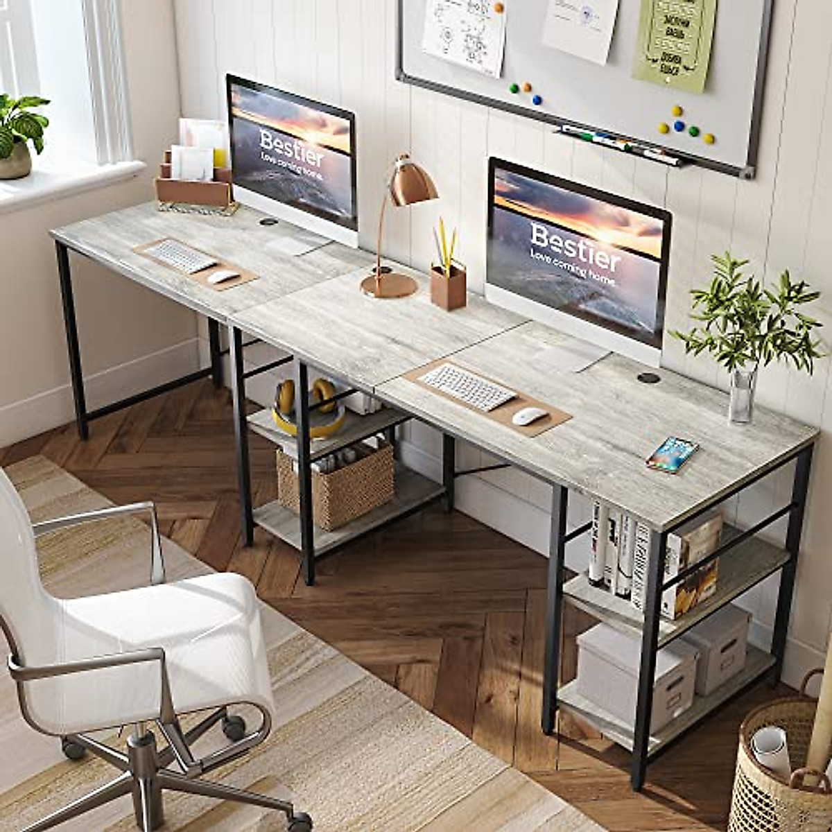 Bestier L Shaped Desk with Shelves 95.2 Inch Reversible Corner Computer Desk or 2 Person Long Table for Home Office Large Gaming Writing Storage Workstation P2 Board with 3 Cable Holes, Grey Oak