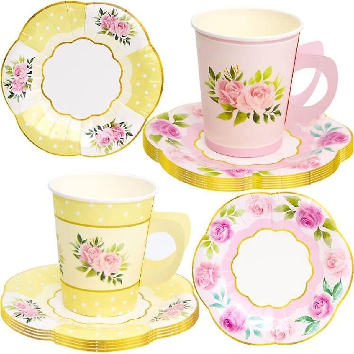 ceiba tree Floral Paper Disposable Tea Cups with Handle and Saucers Tea Party Decorations Favors 24 Sets for Girls Women Flower Birthday Baby Shower Wedding Party Supplies