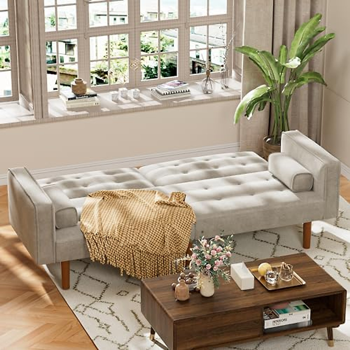 YESHOMY Futon Sofa Bed Convertible Sectional Sleeper Couch, Splitback Loveseat with Tapered Legs, 74", Small Lounge for Living Room, Study and Bedroom, Light Gray