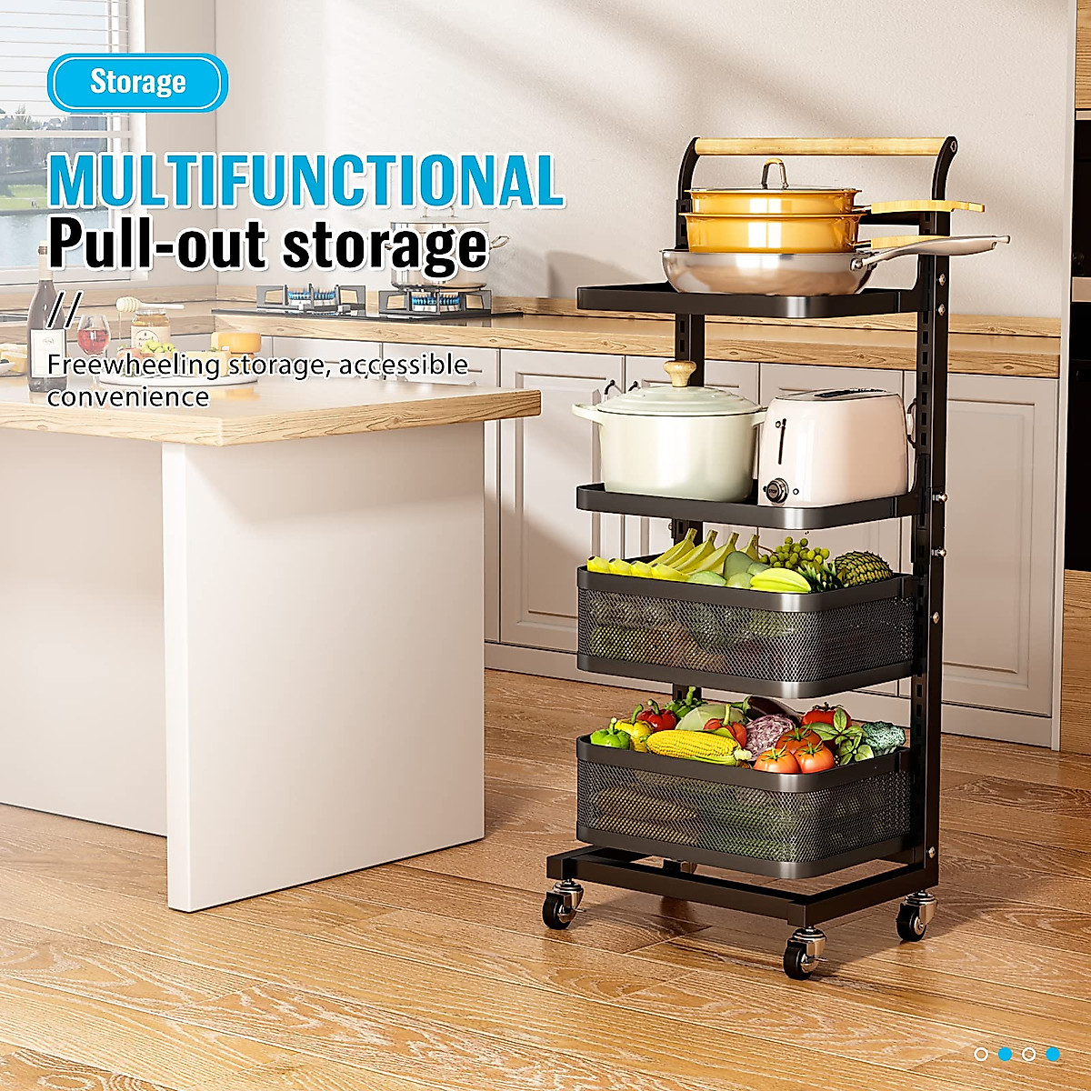 7 code 4 Tier Rolling Utility Cart, Multifunctional Detachable Utility Storage Cart for Kitchen, Rolling Metal Organization Cart with Handle & Lockable Wheels, White