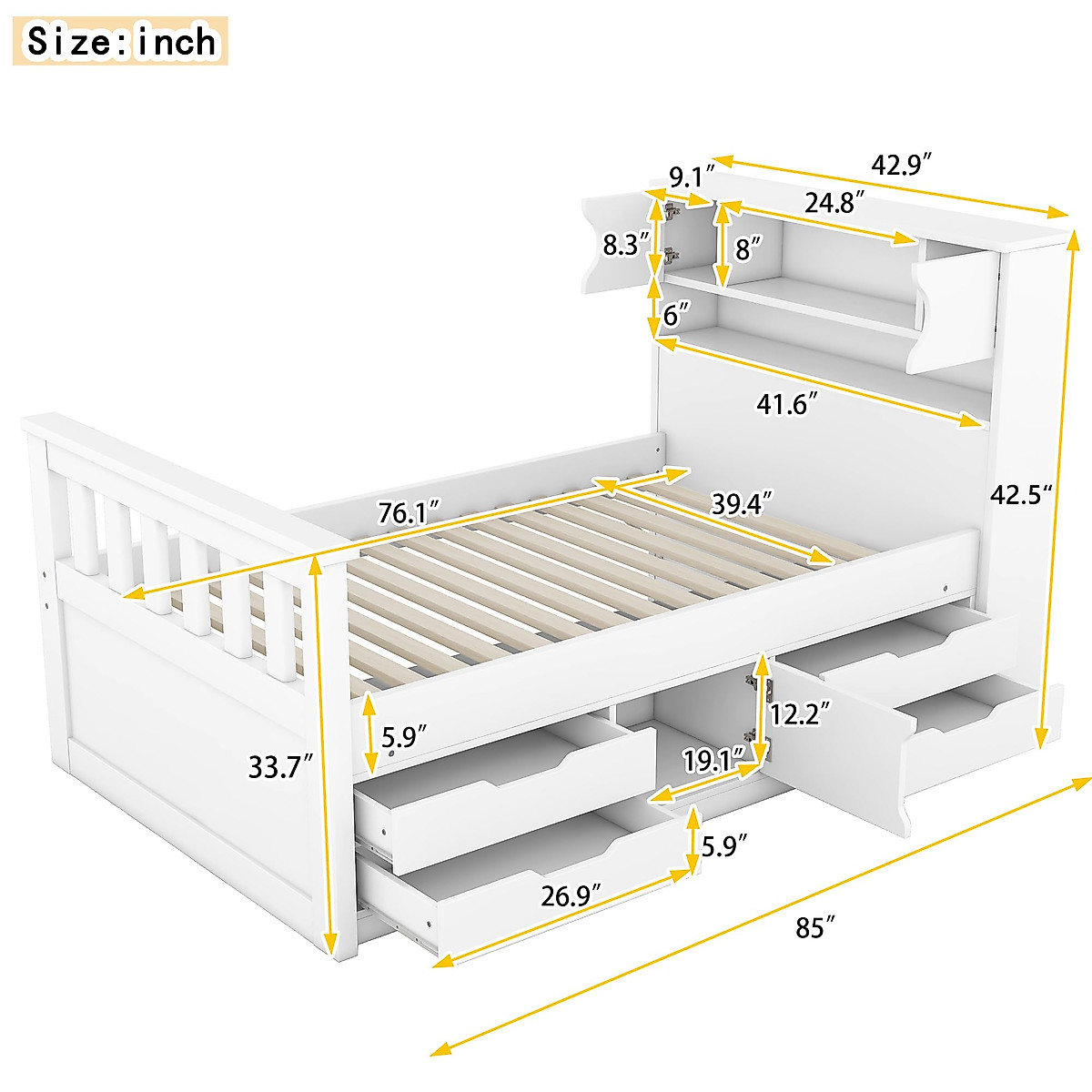 Merax Twin Size Bed Frames with Bookcase Headboard,Kids Wooden Platform Bed with 4 Drawers,White Captain Platform Bed with Storage Underneath