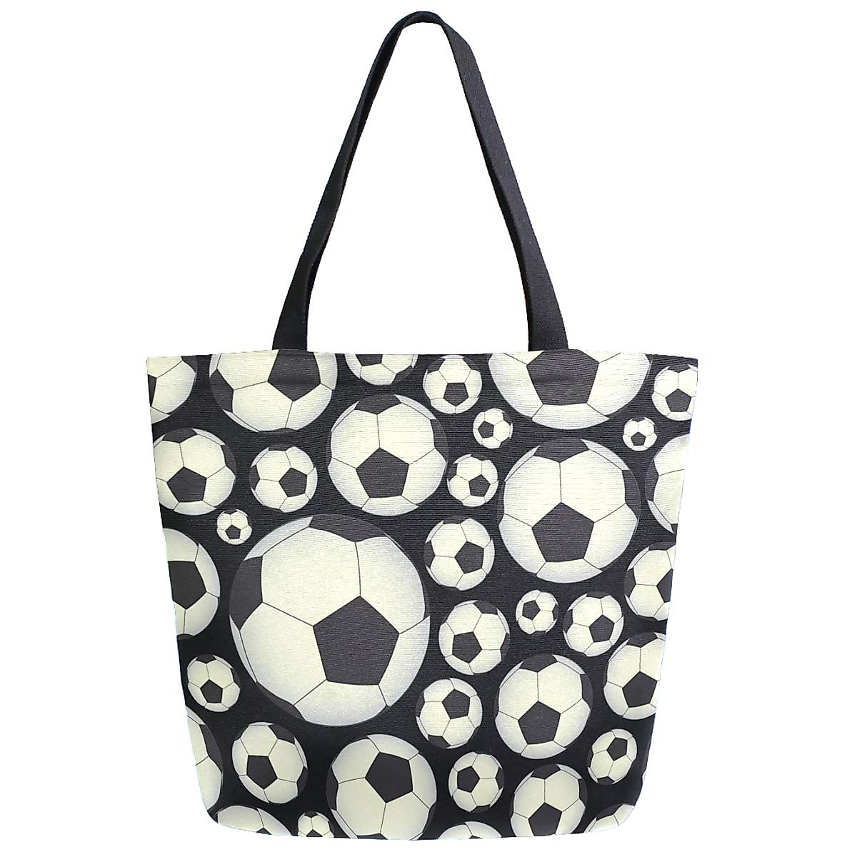 ZzWwR Cute Soccer and Football Balls Pattern Large Canvas Gym Beach Travel Reusable Grocery Shopping Tote Bag Foldable Handbag,Black White