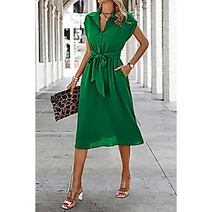 ECOWISH Womens Casual Midi Dresses Solid V Neck Short Sleeve Shirt Dress with Pockets for Spring Summer 2023 Green L