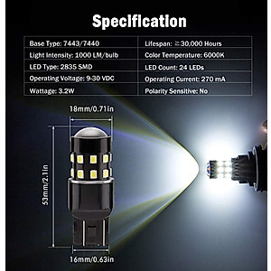 BRISHINE 4-Pack 1000 Lumens Super Bright 7440 7443 7441 7444 W21W LED Bulbs 6000K Xenon White 24-SMD LED Chipsets with Projector for Backup Reverse Lights, Parking Lights, Daytime Running Lights