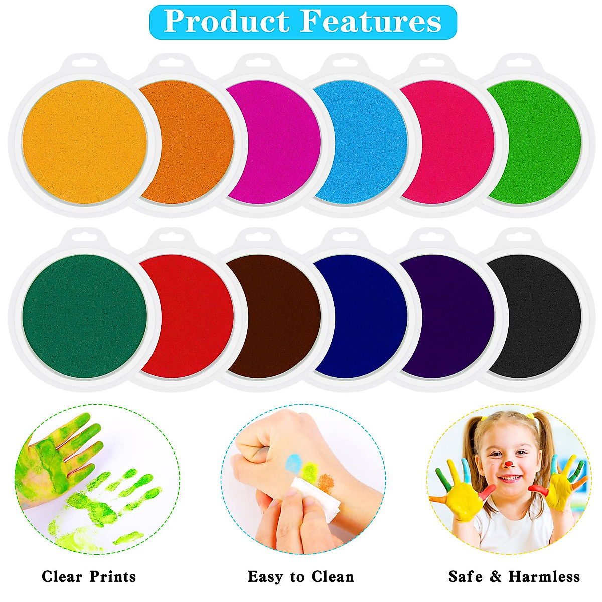 HOBBY HORSE 12 Pack Large Round Craft Ink Pad 12 Colors Rainbow DIY Fingerprint Ink Pad Washable Painting Card Stamps Partner Crafts Projects Rubber Stamps Wood Scrapbook