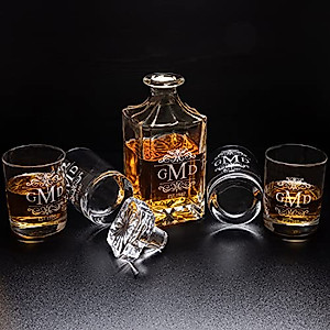 Personalized Whiskey Decanter Set With Glasses - Custom Whisky Drinking Glasses Set of 4 - Engraved Vintage Glassware - Whiskey Gifts for Men, Him, Dad, Birthday, Wedding, Groomsman, Anniversary