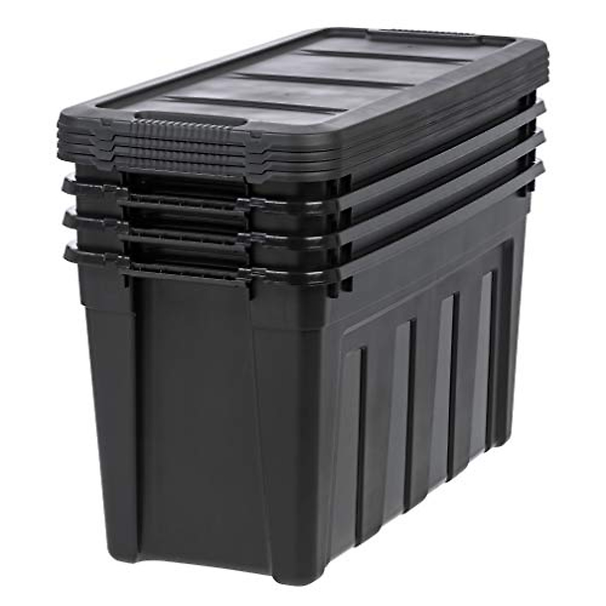 IRIS USA 31 Gallon Stackable Containers with Lids and Easy-Grip Handles, Durable Plastic Totes for Bulky Items, Sporting Equipment, Seasonal Décor, and Garage Tool Storage, Black, 4-Pack