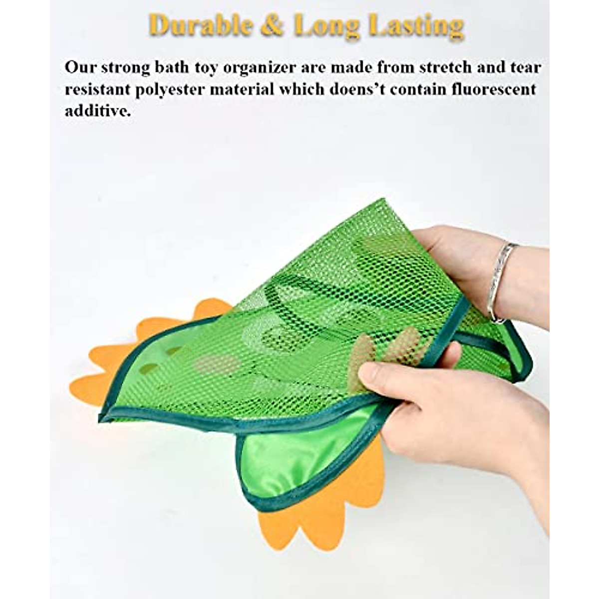 NEXTAKE Baby Bath Toy Organizer, Lovely Cartoon 2 Sided Mesh Hanging Bathtub Toy Holder Quick Dry Mesh Storage Box Large Capacity Tub Toy Storage Bag with 2 Strong Suction Cup Hooks (Dinosaur)