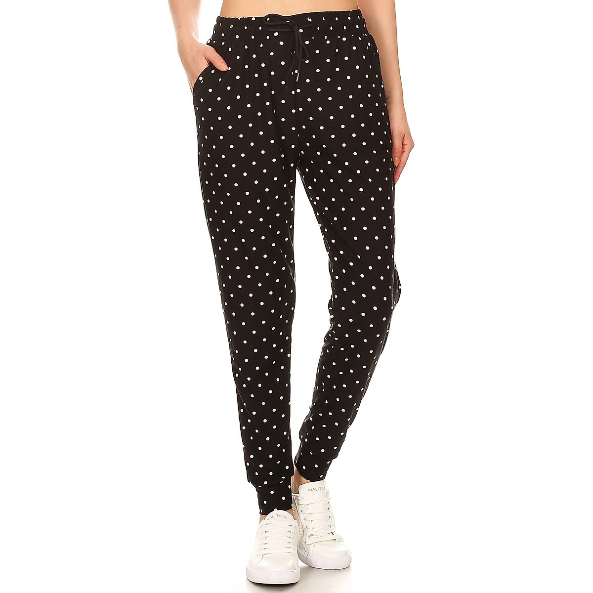 Leggings Depot Women's Relaxed fit Jogger Pants - Track Cuff Sweatpants with Pockets-R885, Medium, Polka Dots