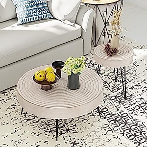 COZAYH 2-Piece Modern Farmhouse Living Room Coffee Table Set, Round Table Natural Finish with Handcrafted Wood Ring Motif, White