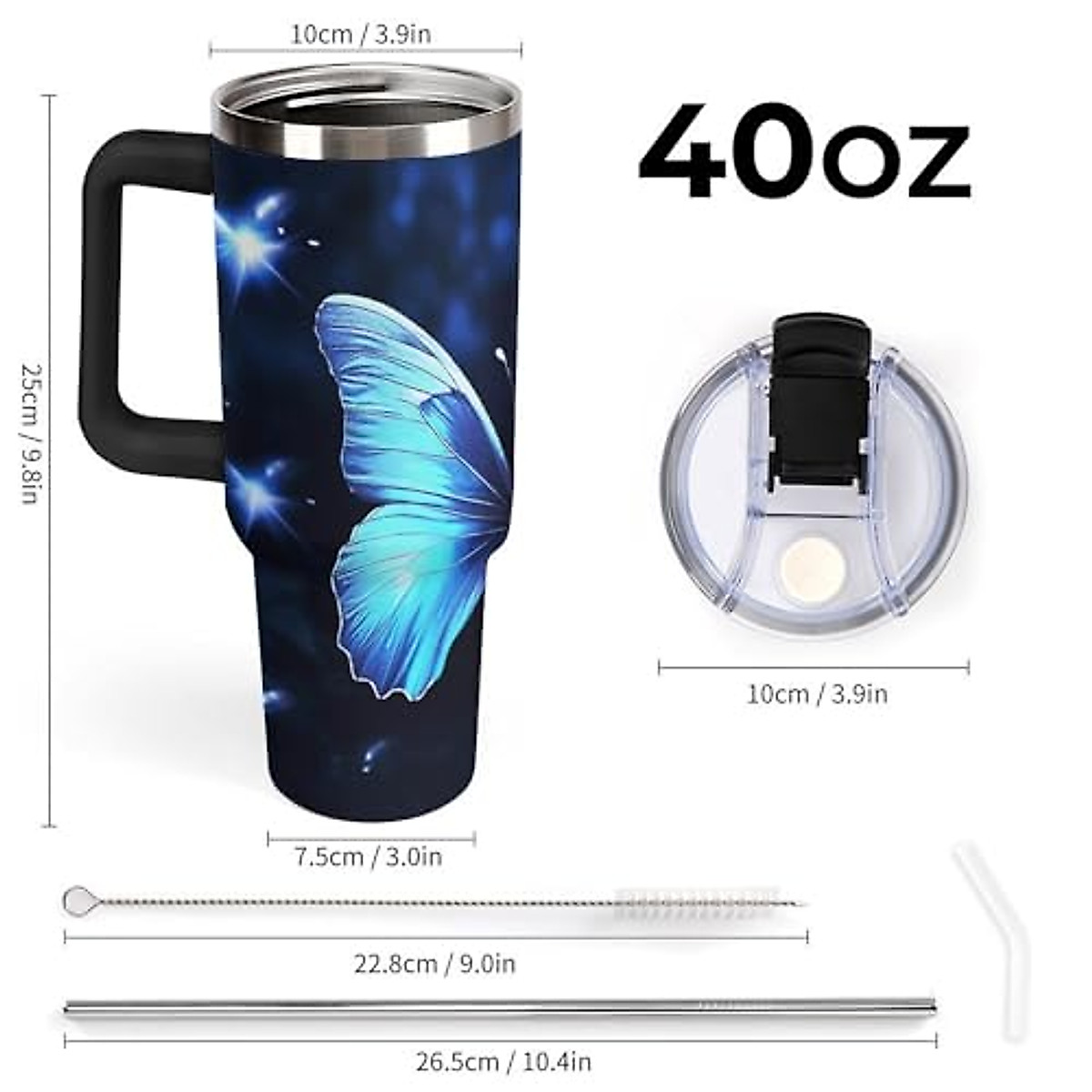 Blue Butterfly Insulated Stainless Steel Travel Mug, 40 Oz Tumbler with Handle And Straw Double-Wall Vacuum Coffee Cup, Leak-Proof Lid, Keeps Drinks Hot/Cold for Hours