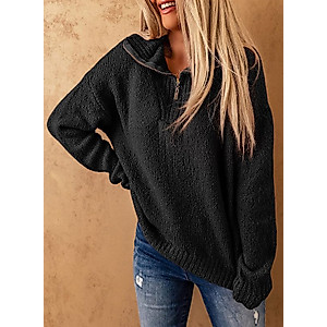 Dokotoo Oversized Quarter Zip Pullover Sweaters for Women Cute Waffle Knit Oversized Fall Winter Outfits Jumpers TopFashion V Neck Long Sleeve Warm Cozy Polo Ladies Black Sweater X-Large