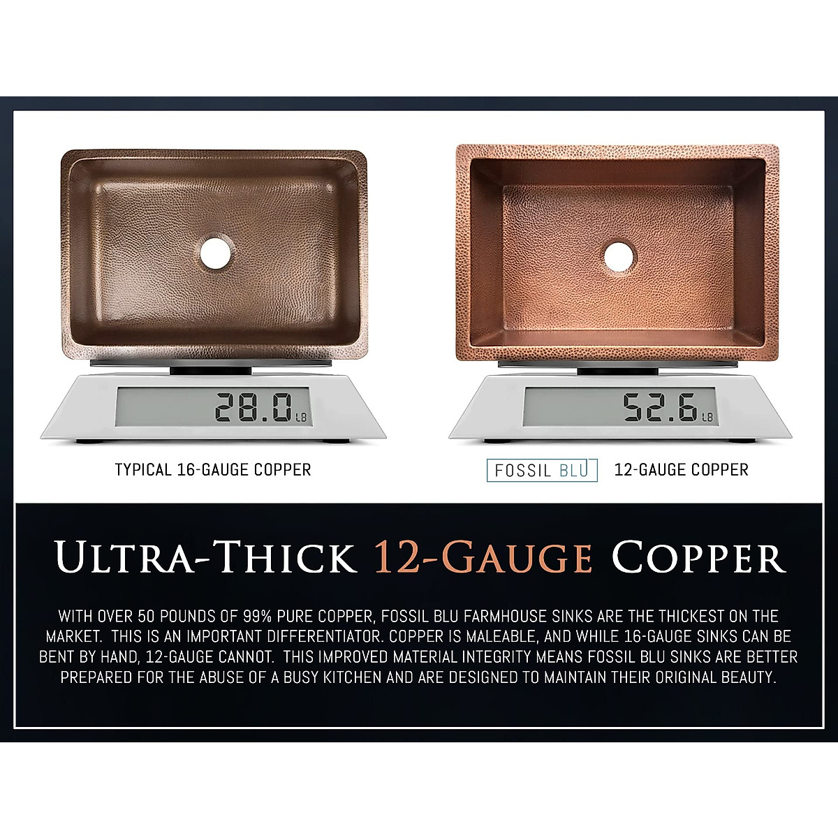 FSW1105 LUXURY 33-INCH HEAVY 12-GAUGE MEDIUM PATINA COPPER FARMHOUSE SINK, INCLUDES ACCS, FLAT FRONT